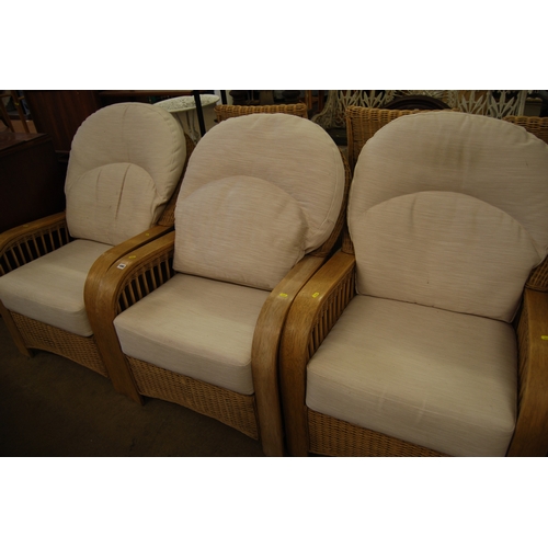 SET OF 3 MODERN OAK & CANE CONSERVATORY ARMCHAIRS