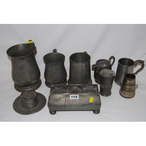 19TH CENTURY QUART PEWTER TANKARD ENGRAVED A.W.K, 3 VARIOUS PEWTER ...