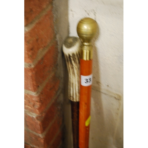 BRASS TOPPED WALKING CANE WITH SECRET DRINKS FLASK & ANTLER HAFTED ...