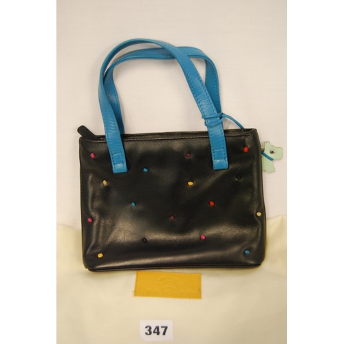 VINTAGE RADLEY LEATHER HANDBAG, BLACK WITH TURQUOISE HANDLES