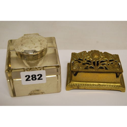 SQUARE GLASS INKWELL WITH SILVER HINGED LID, BIRMINGHAM 1910 AND ART ...