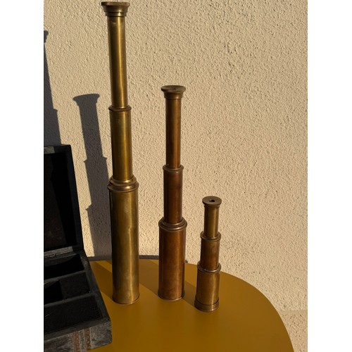 3 Extendable copper/ brass Telescopes in a wooden display box largest ...