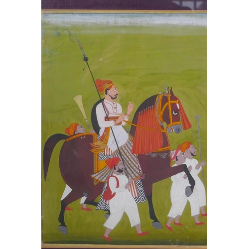 Three C19th Indian Rajput paintings of nobles on horseback and their ...