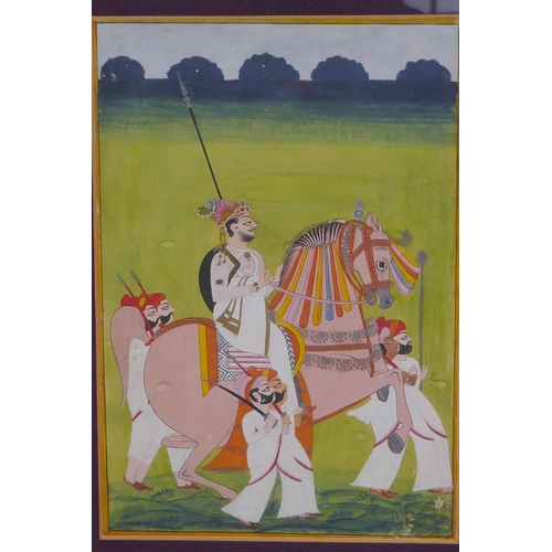 Three C19th Indian Rajput paintings of nobles on horseback and their ...