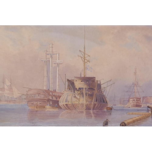 C19th British Navy hulks at anchor, Greenwich, inscribe verso George ...