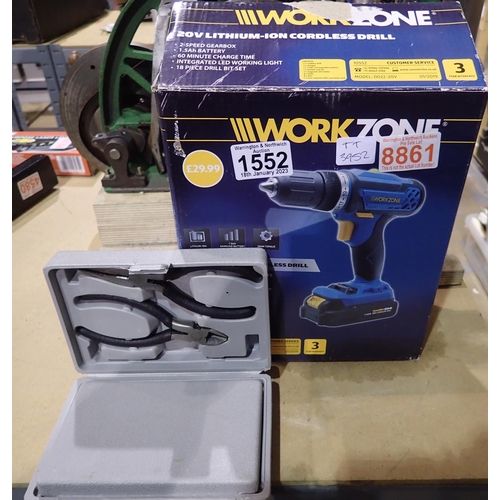 Work Zone 20v lithium Ion cordless drill and a boxed plier set. Not ...