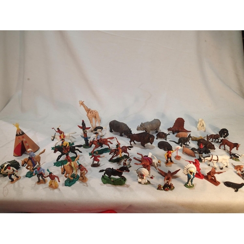 Selection of Britains, Timpo etc plastic cowboys, Indians, zoo animals ...