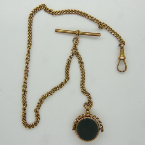 9ct gold Albert watch chain, T-bar chain and fob with bloodstone and ...