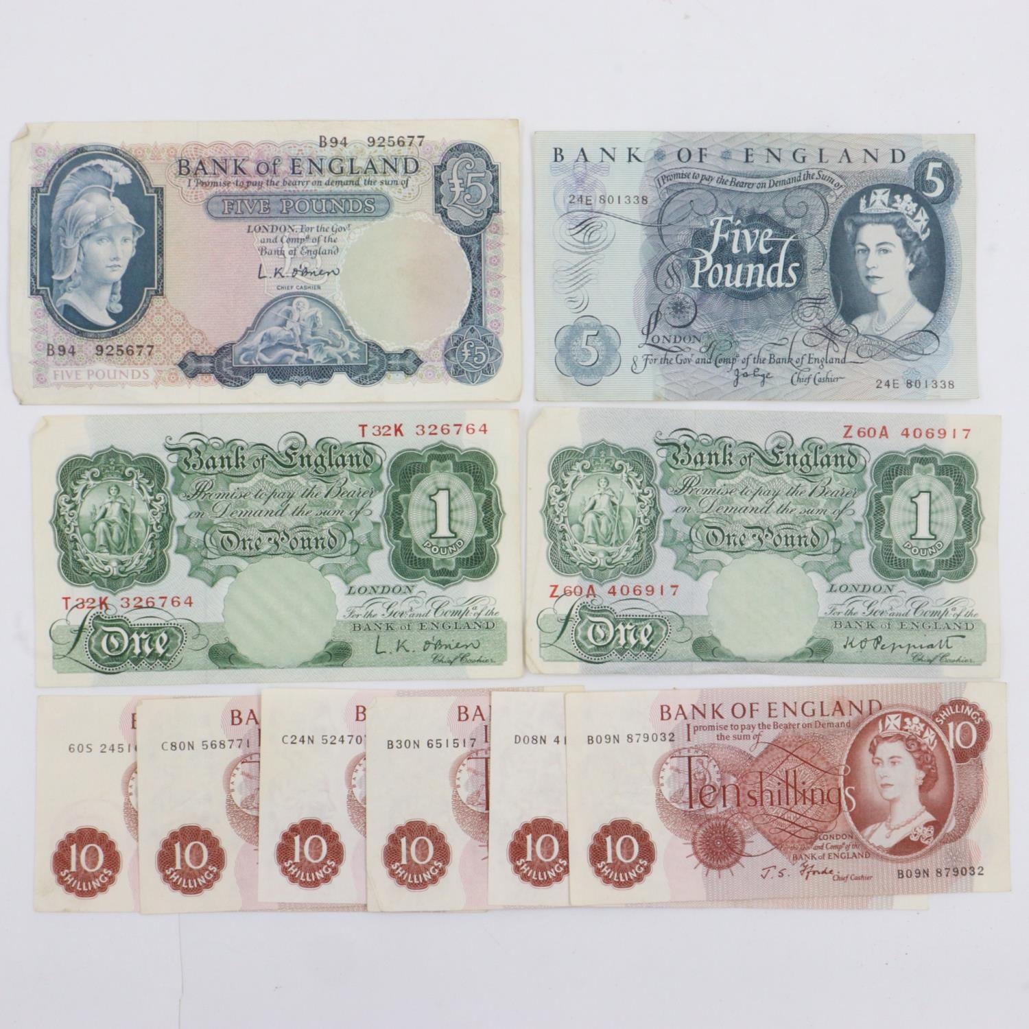 UK banknotes, including O'Brien and Page £5 notes, Peppiatt £1 and ...