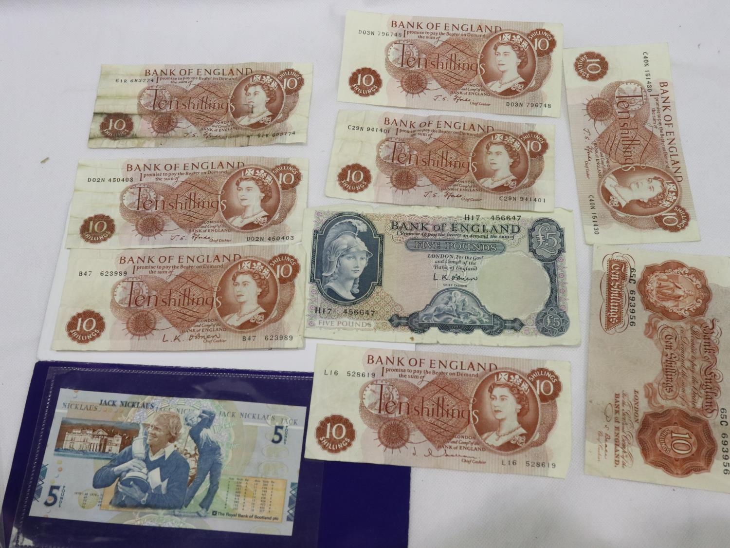Quantity of UK bank notes including a commemorative Jack Nicklaus £5 ...