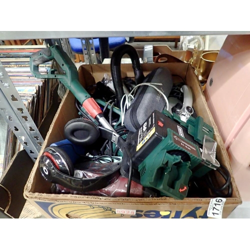Box of electrical items including tools, speakers, headphones and ...