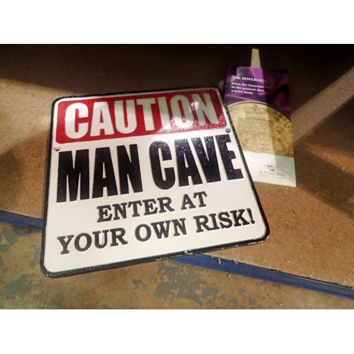Cast iron Caution Man Cave sign, W: 25 cm. UK P&P Group 2 (£24+VAT for ...