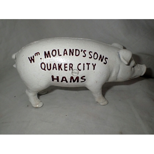 Cast iron Quaker City Hams Pig white money box, L: 18 cm. UK P&P Group ...