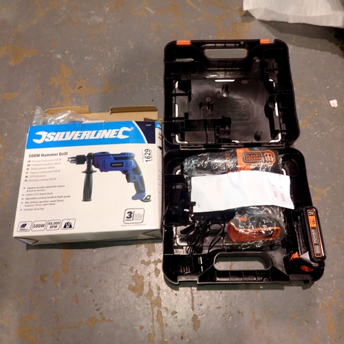 Cased Black and Decker Li-ion cordless combi drill and Silverline 500w ...
