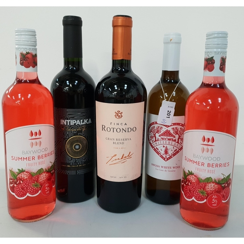 FIVE BOTTLES OF WINE comprising a bottle of Intipalka Malbec (13.5% and ...