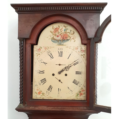 19th CENTURY MAHOGANY LONGCASE CLOCK the floral painted dial with Roman ...