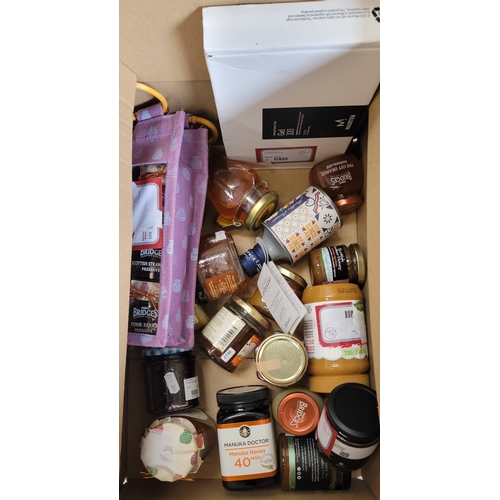 ONE BOX OF CONSUMABLE ITEMS including: Manuka honey, various jams ...