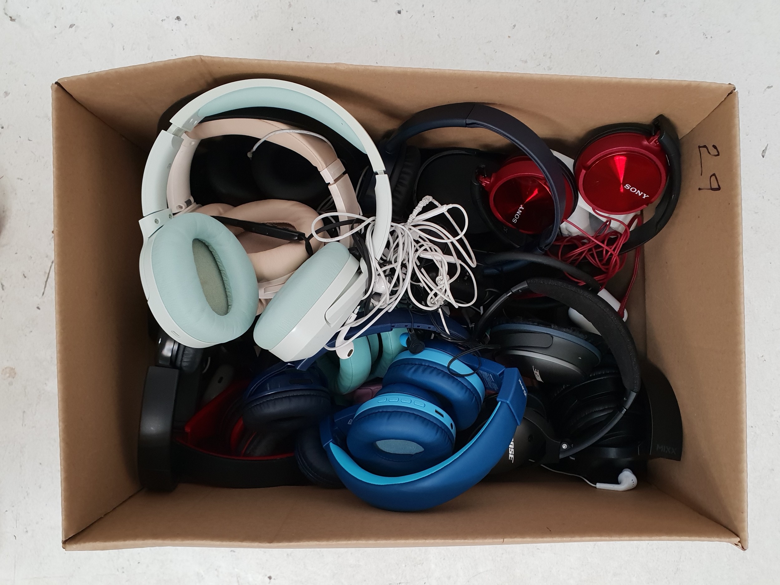 ONE BOX OF HEADPHONES including on ear and ear buds, makes include Sony ...