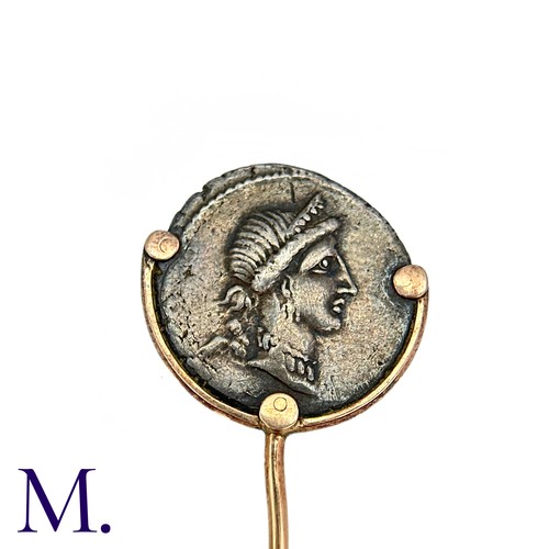 A Pair Of Roman Coin Stick Pins in yellow gold, one set with a silver ...