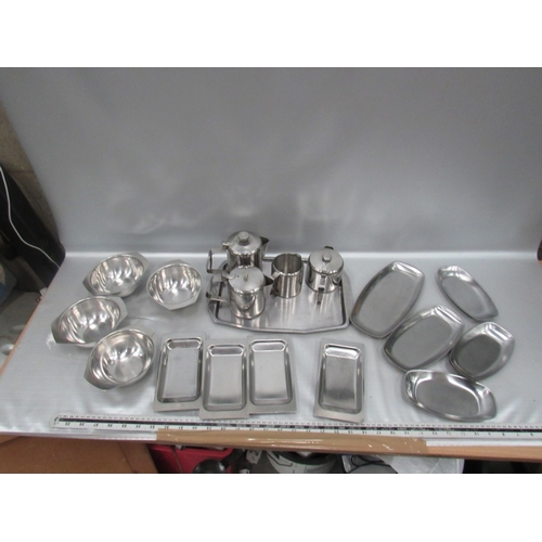 Stainless steel items, tea set, tapas dishes, tray