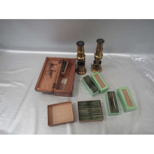 2 Vintage brass field microscopes & 3 packs of slides