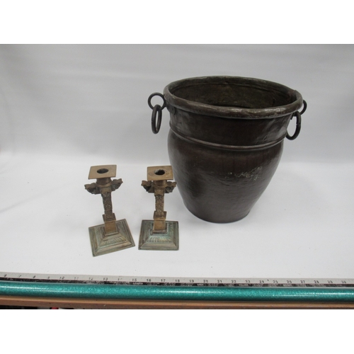 Old copper pot + pair of Celtic candlesticks
