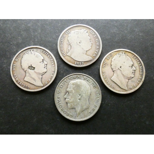 COINS. United Kingdom, 4x silver halfcrowns, including 1817, 1834 ...