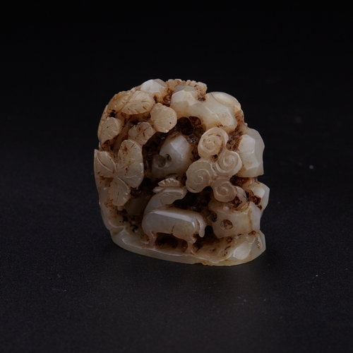 A pale celadon jade 'deer and lingzhi' hat finial, Qing Dynastydeeply ...