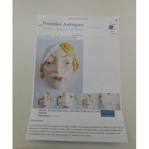 Beswick - 1934 Art Deco era/wall mask - model No. 197