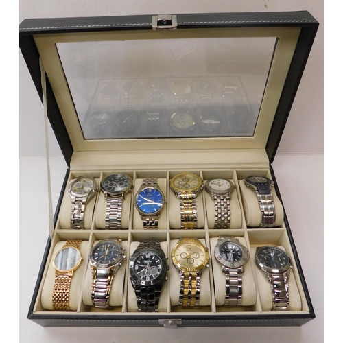 Twelve - gentlemen's wristwatches & display case - including Citizen ...