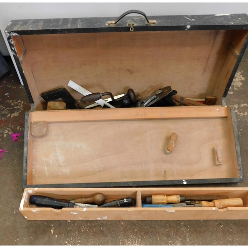 Wooden joiners box and assorted tools