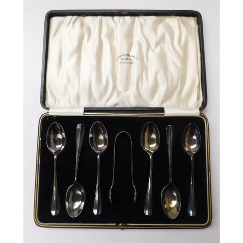 Six - Rattail pattern/sterling silver - spoons & sugar tongs ...