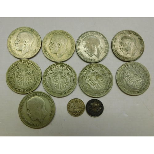 George V era/silver coins - including/Half Crowns & Three Pence pieces