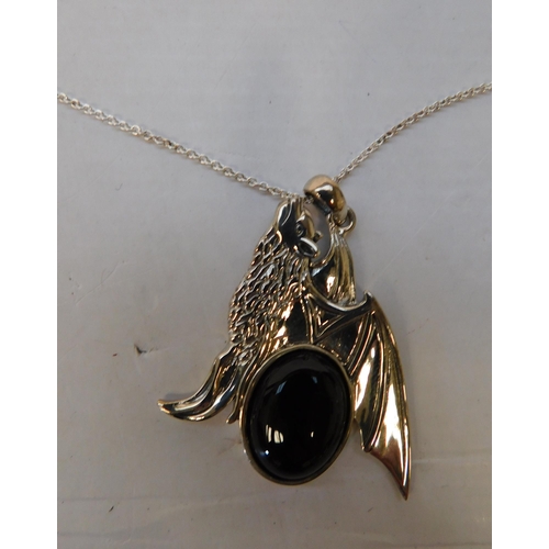 Silver and jet bat pendant on chain