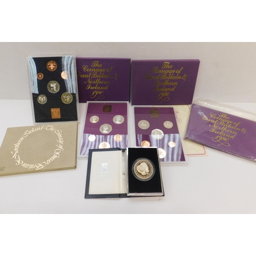 Four Coinage of Great Britain sets - plus Pobjoy Mint one crown coin