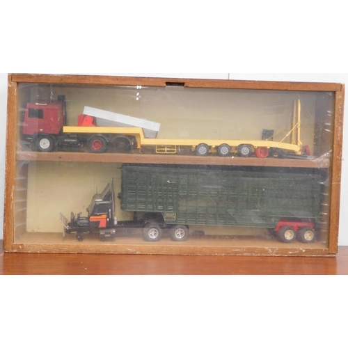 Two large scale model lorries with display case - approx. 30" x 16"