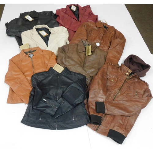 Collection of eight new leather jackets - various sizes/colours