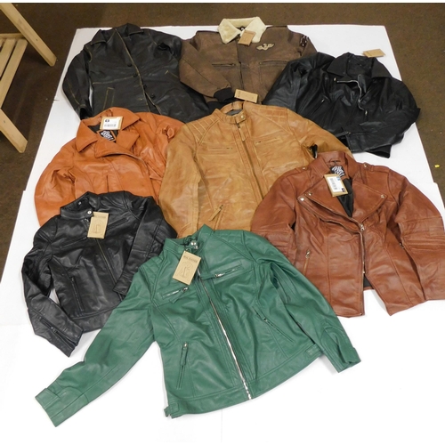 Collection of eight new leather jackets - various sizes, styles and colours