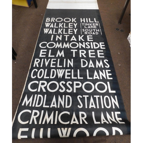Old vintage 1970s Sheffield area bus destination blind