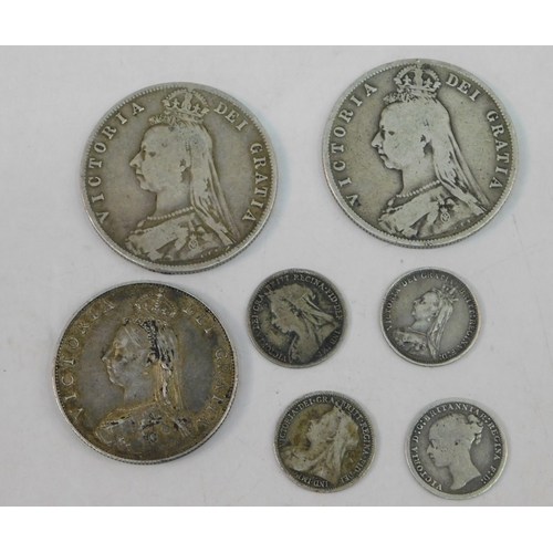 Seven Victorian silver coins - combined weight 43.6g