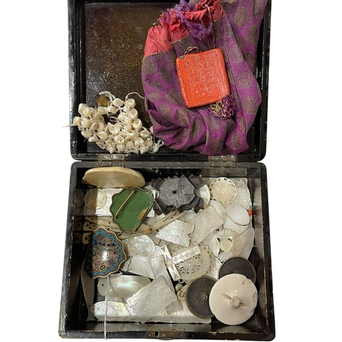 Box with Chinese mother of pearl counters, Cloisonné buckle, etc.