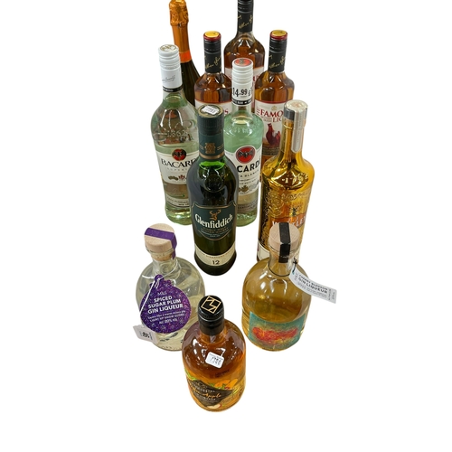 Eleven bottles of spirits including Famous Grouse, Glenfiddich, gins etc.