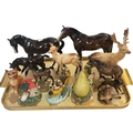 Collection of Beswick animals including horses, donkey, deer, stag, cat ...