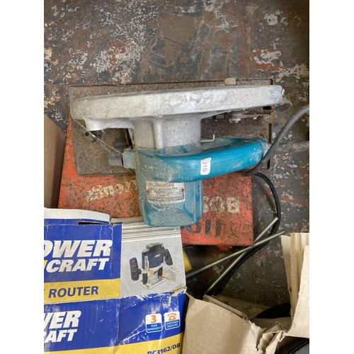A collection of assorted tools to include boxed Powercraft plunge ...