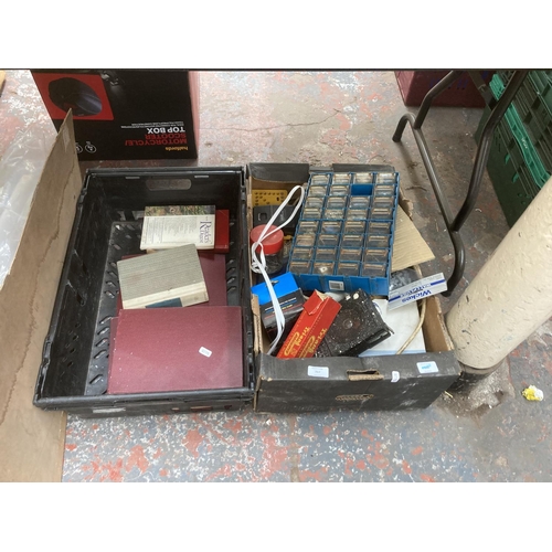 Two boxes containing assorted tools and antique books to include Virtue's Household Physician, files