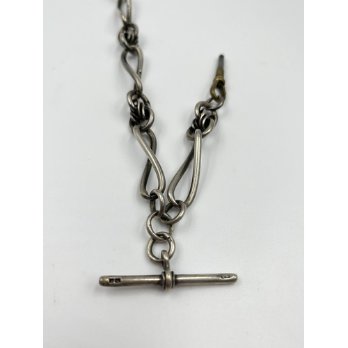 A hallmarked English silver pocket watch chain with hallmarked silver T ...