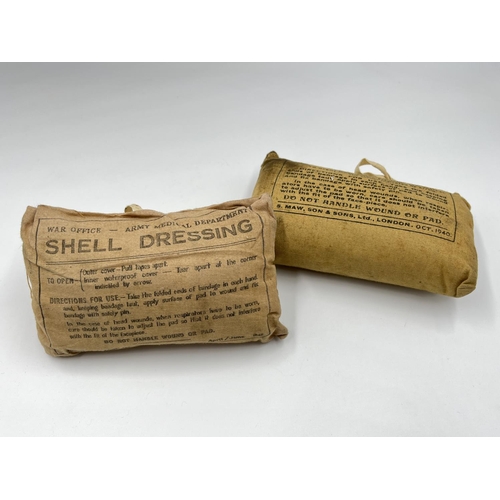 Five items, two WWII War Office Army Medical Department shell dressings ...