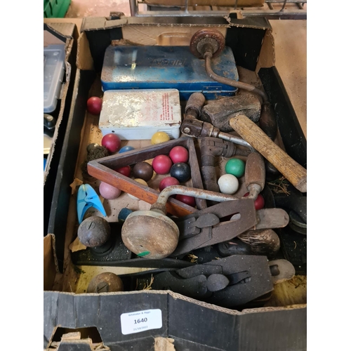 Two boxes containing assorted items to include vintage wood planes, cased Hilka socket set, kitchen
