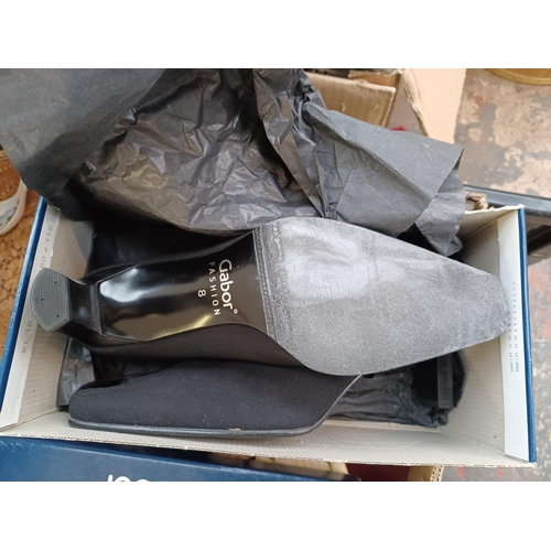 Six boxes containing Gabor women's shoes, wooden trays, books, garden ...