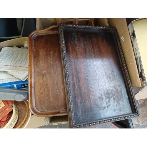 Six boxes containing Gabor women's shoes, wooden trays, books, garden ...